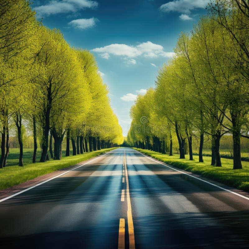 Tree-Lined Road Painting stock illustration. Illustration of vanishing ...