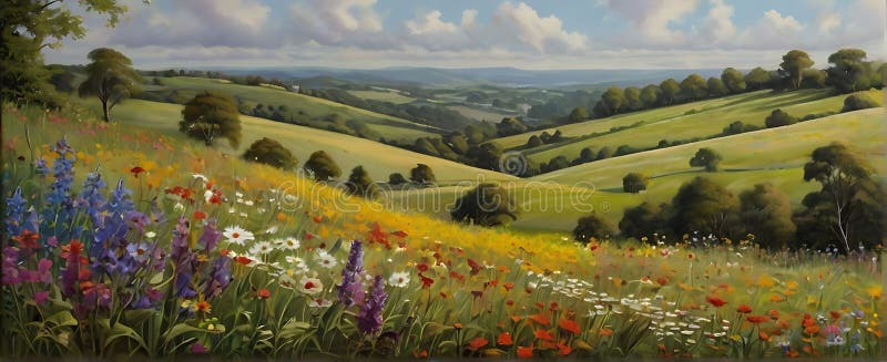 A Realistic Painting of Rolling Fields Covered with a Riot of Colorful ...