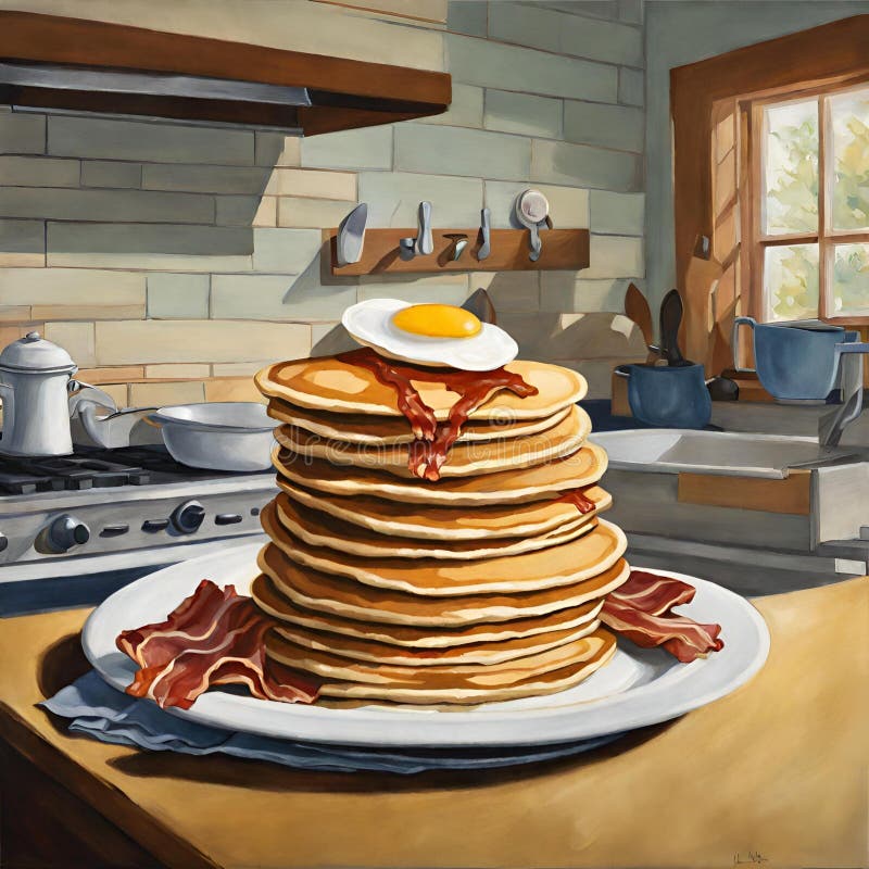 A Realistic Painting of a Stack of Pancakes, Bacon, Eggs, and a Kitchen ...