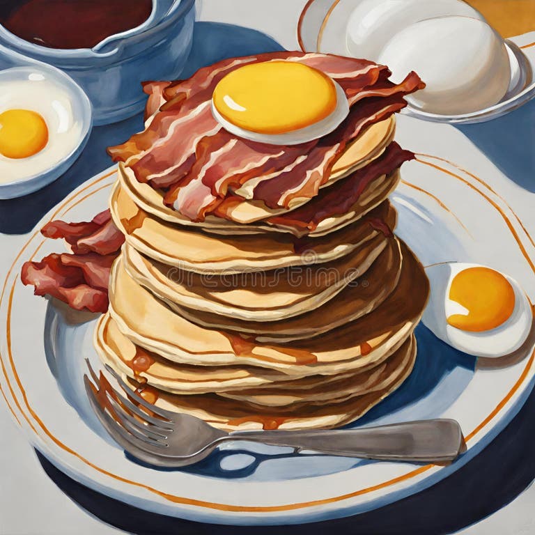 A Realistic Painting of a Stack of Pancakes, Bacon, Eggs, and a Kitchen ...