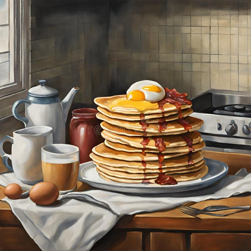 A Realistic Painting of a Stack of Pancakes, Bacon, Eggs, and a Kitchen ...