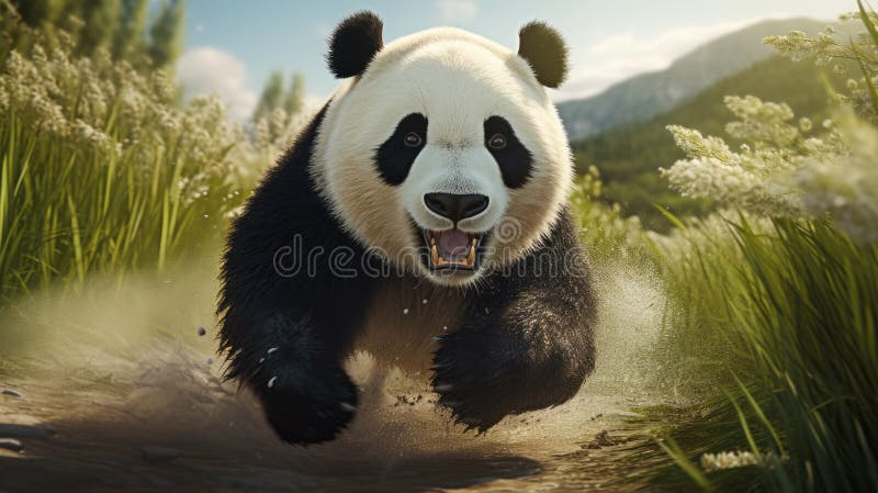 Realistic Panda Bear Running Down Grassy Path - Vray Tracing Stock ...