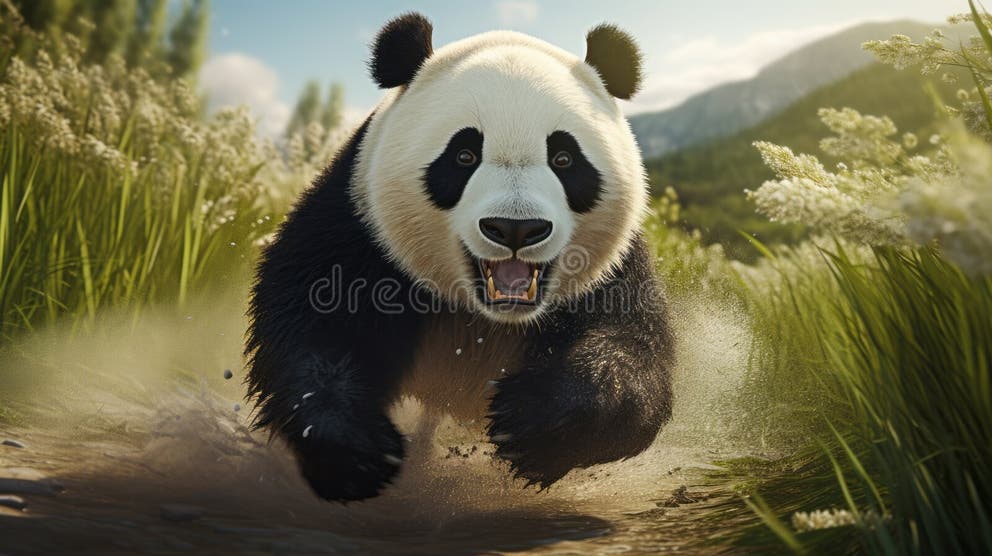 Realistic Panda Bear Running Down Grassy Path - Vray Tracing Stock ...