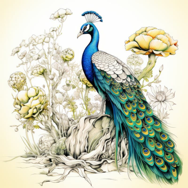 Realistic Peacock Drawing with Detailed Floral Elements Stock ...