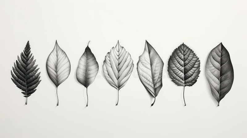 Realistic Pencil Drawing of Various Tree Leaf Textures Stock ...