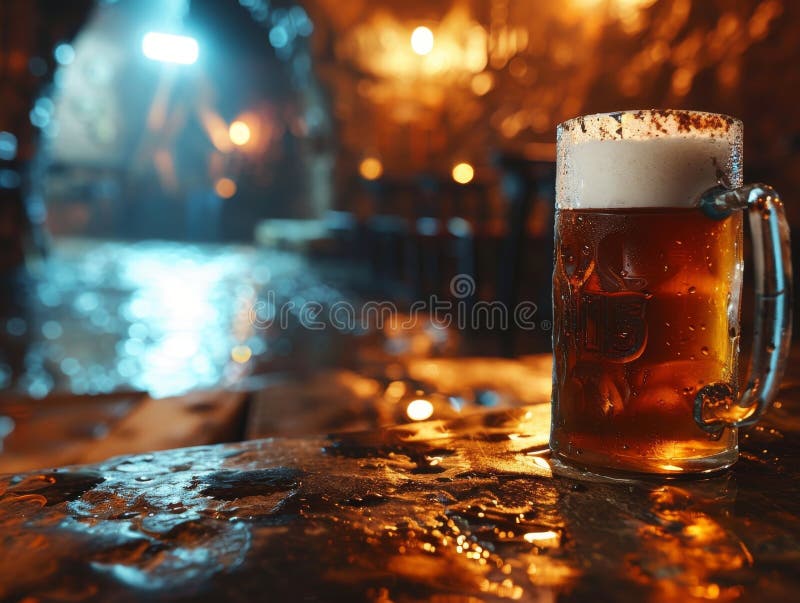 Realistic Photo of Beer on Table in Rock Bar with Flash Lights ...