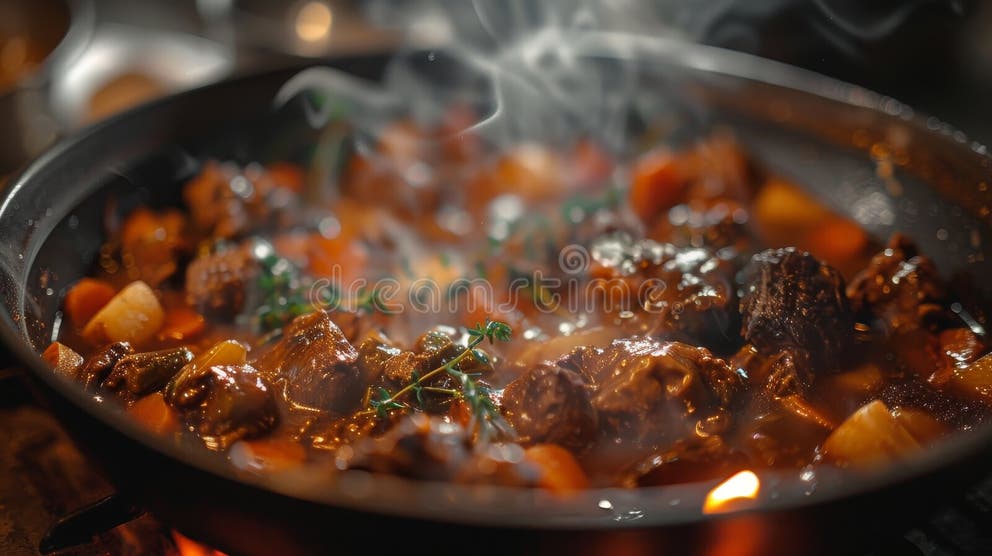 Realistic Photo Capturing the Process of Stew Being Prepared in a Deep ...