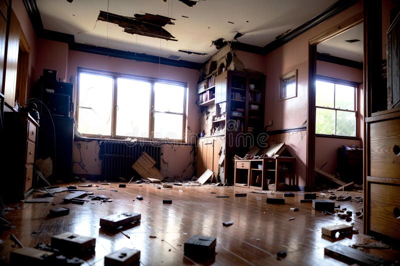 Realistic Photo of Destructed Broken Room Interior Stock Illustration ...