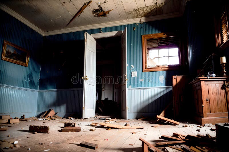 Realistic Photo of Destructed Broken Room Interior Stock Illustration ...