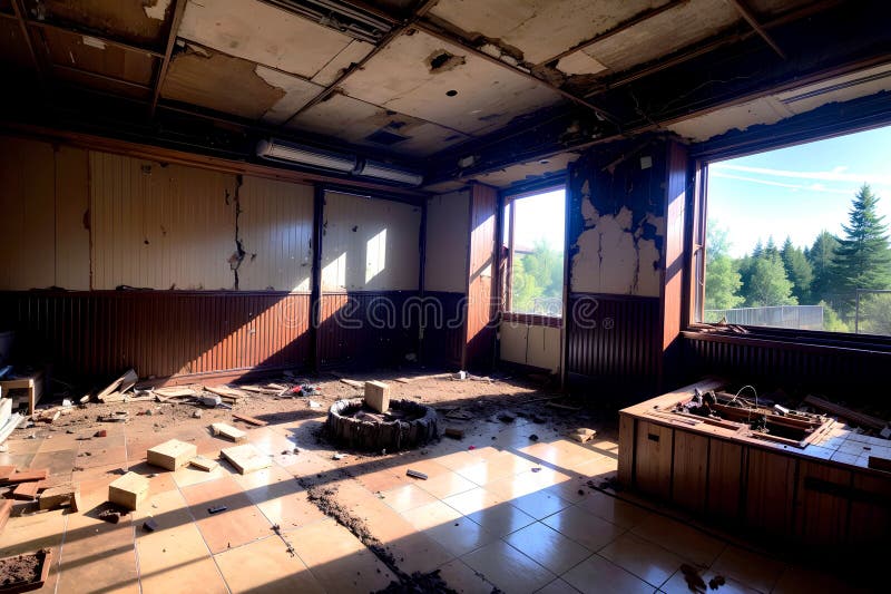 Realistic Photo of Destructed Broken Room Interior Stock Illustration ...