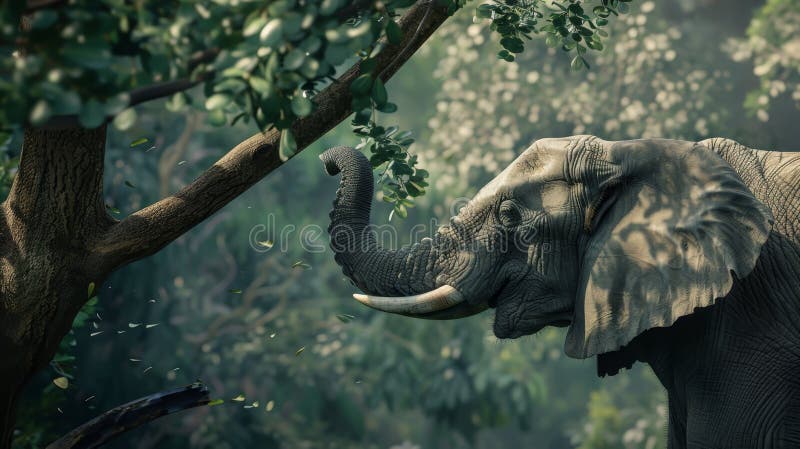 Realistic Photo of Elephant Feeding Elephant Using Trunk To Eat Leaves ...