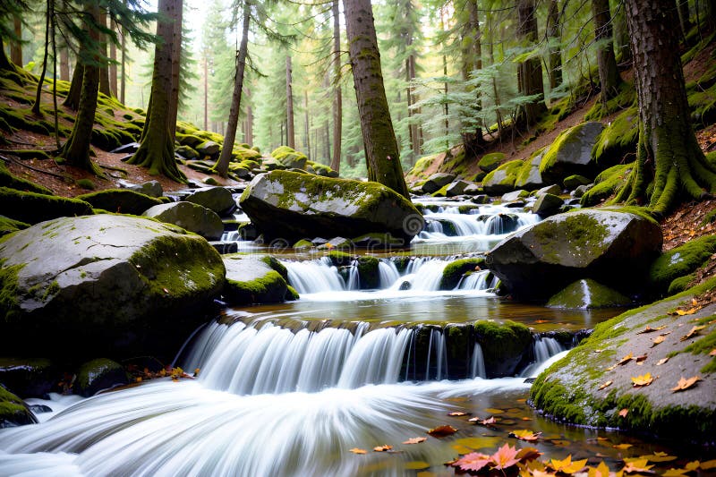 Realistic Photo Landscape of Green Tree Forest and Creek Stock ...