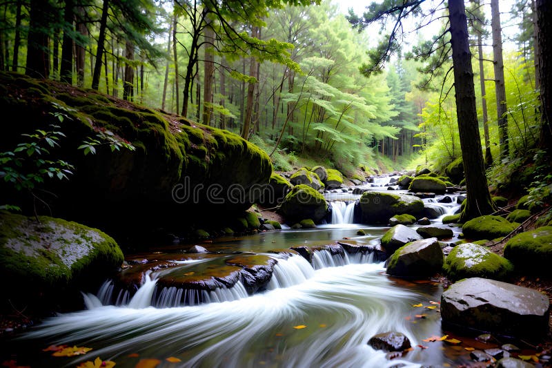 Realistic Photo Landscape of Green Tree Forest and Creek Stock ...