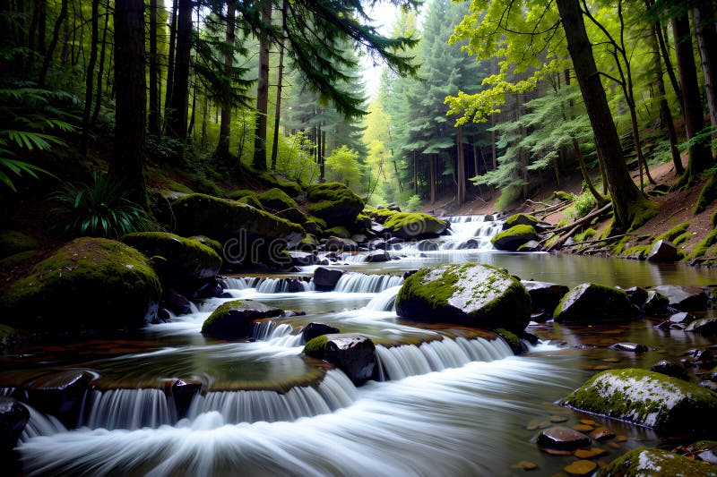 Realistic Photo Landscape of Green Tree Forest and Creek Stock ...