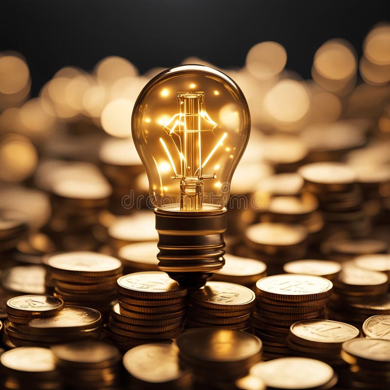 Realistic Photo of Light Bulb on Piles of Golden Coin Stock ...