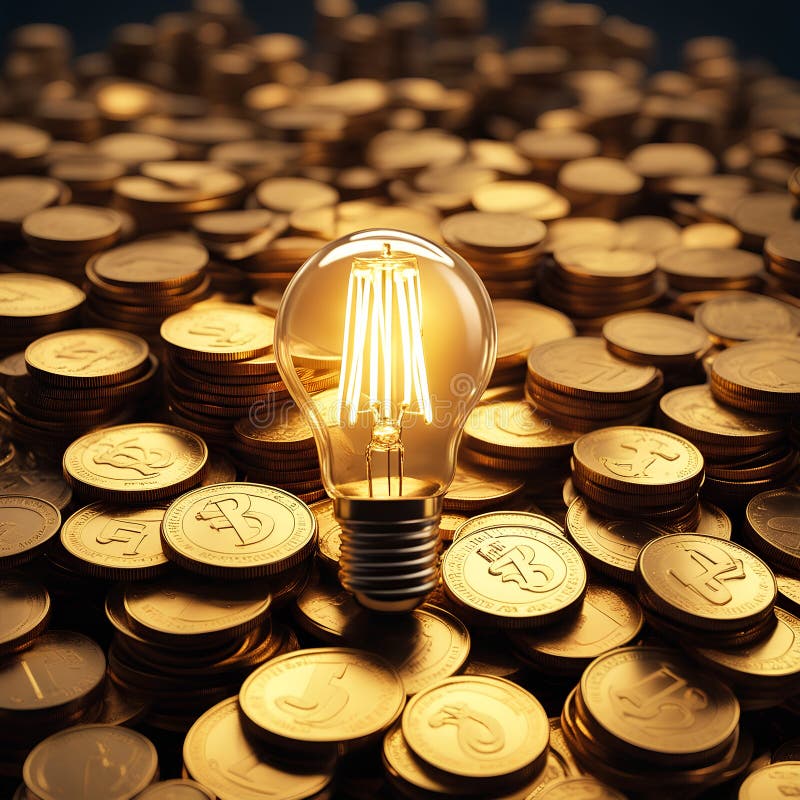 Realistic Photo of Light Bulb on Piles of Golden Coin Stock ...