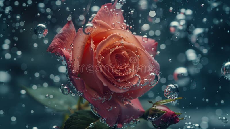 Realistic Photo of Red Rose Submerged in Water Surrounded by Bubbles ...