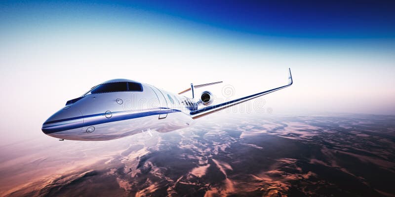 Realistic Photo of White Luxury Generic Design Private Jet Flying Over ...