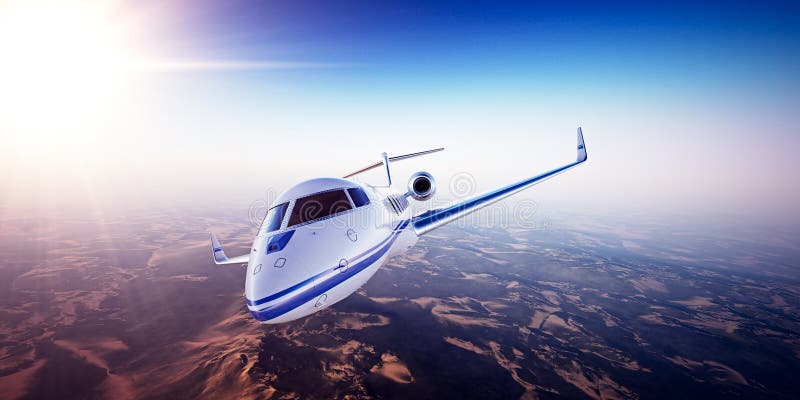 Realistic Photo of White Luxury Generic Design Private Jet Flying Over ...