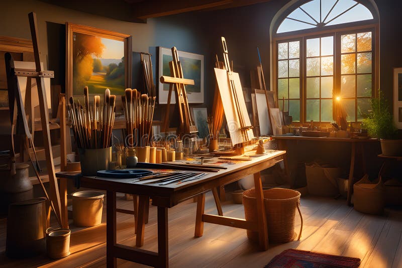 The Realistic Photograph of an Artists Studio Filled with the Tools and ...