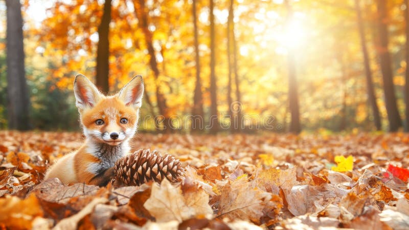 A Realistic Photograph of a Cute Red Fox Kit Holding a Pinecone in an ...