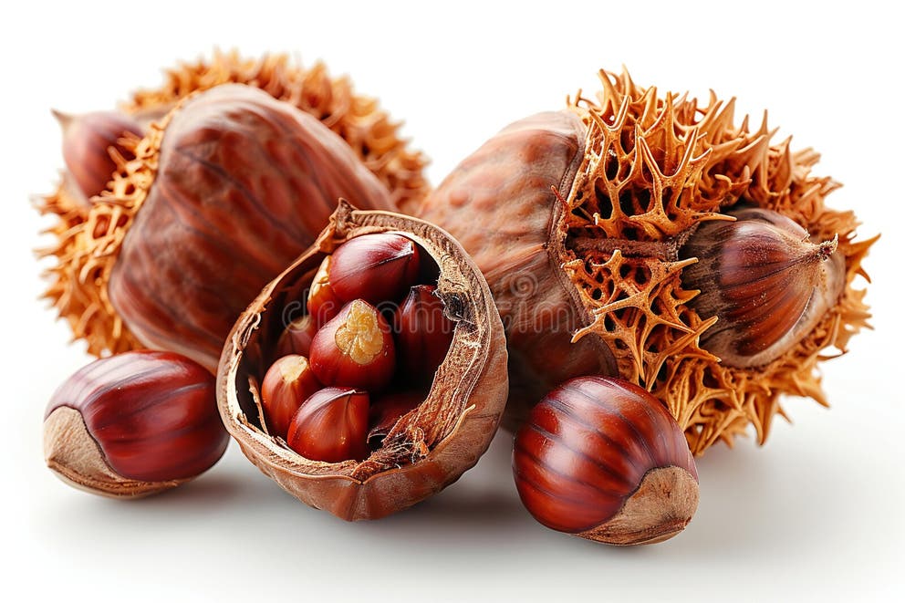 Realistic Photograph of Two Chestnuts with Their Shells Open, Solid ...