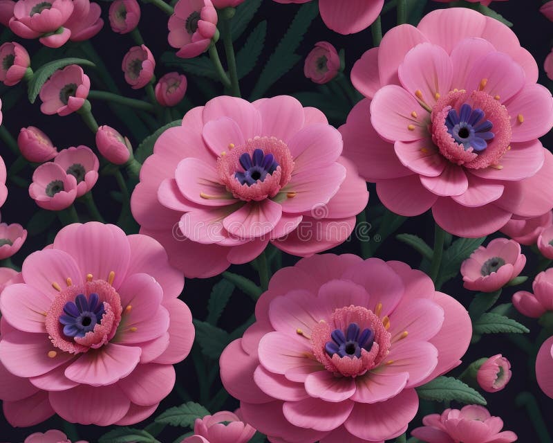 Realistic Pink Anemone Flowers Seamless Pattern Design Stock ...