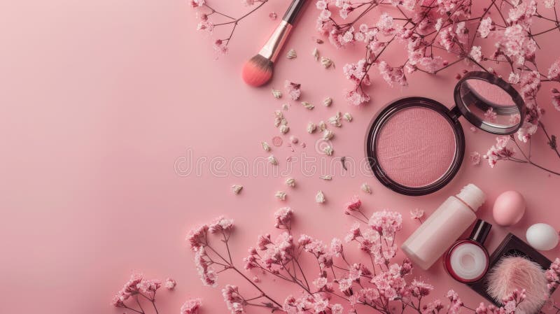 Realistic Pink Background with Neatly Arranged Decorative Cosmetics for ...