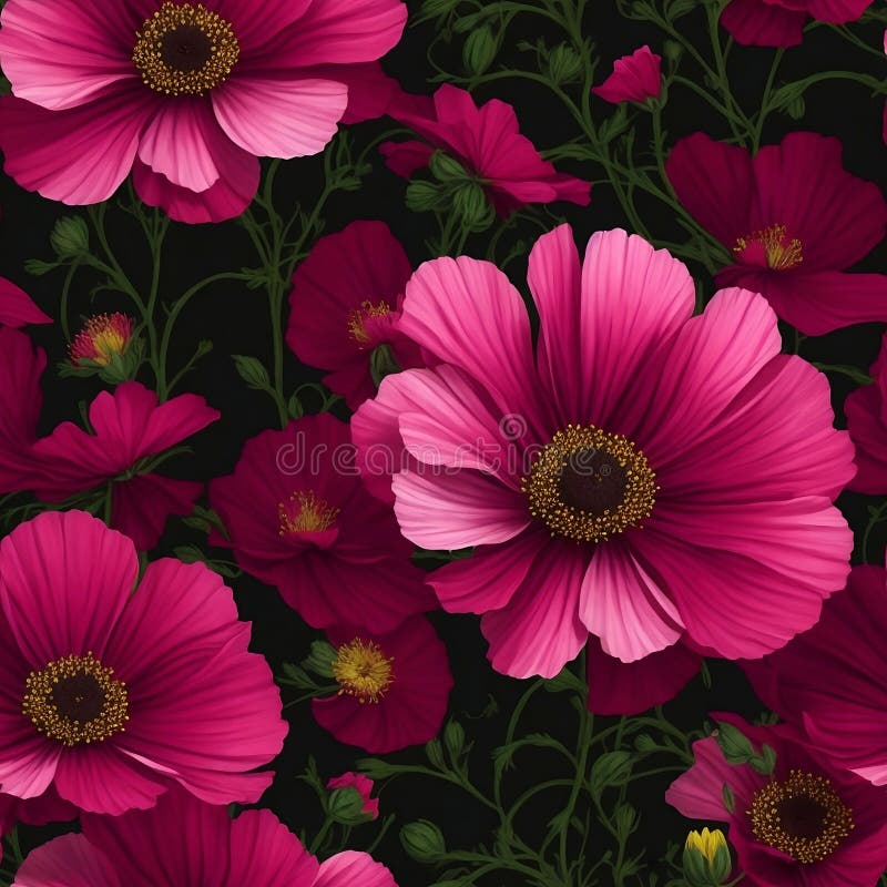 Realistic Pink Cosmos Flowers Illustration Seamless Pattern Design ...