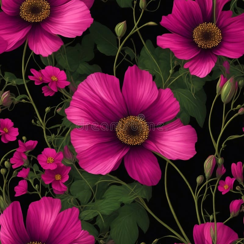 Realistic Pink Cosmos Flowers Illustration Seamless Pattern Design ...