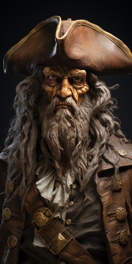 Realistic Pirate Sculpture with Gold Jacket on Black Background Stock ...