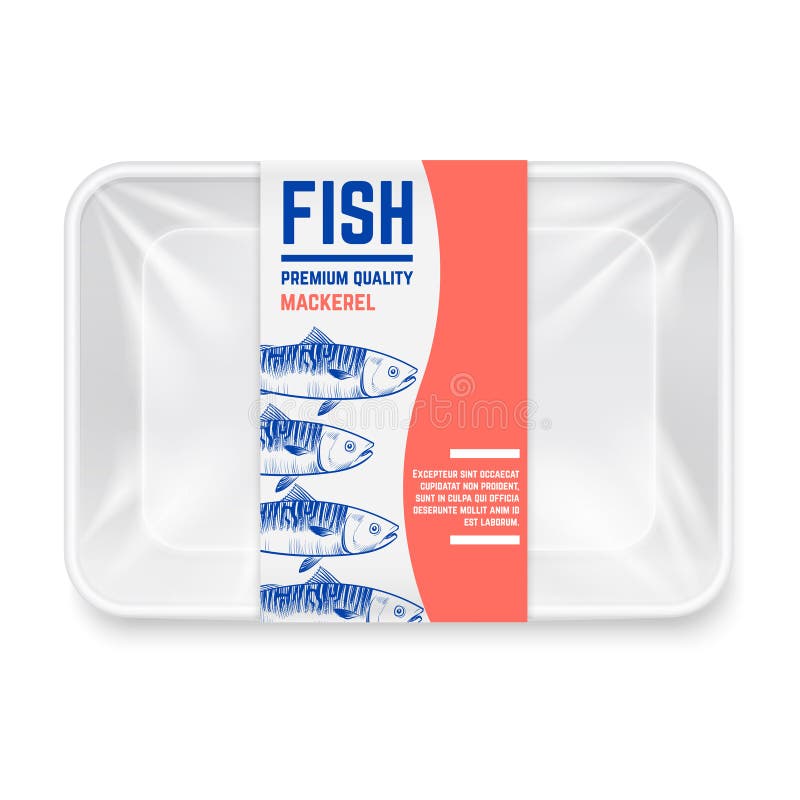 Realistic Plastic Container with Hand Drawn Mackerel Fish Label Vector ...