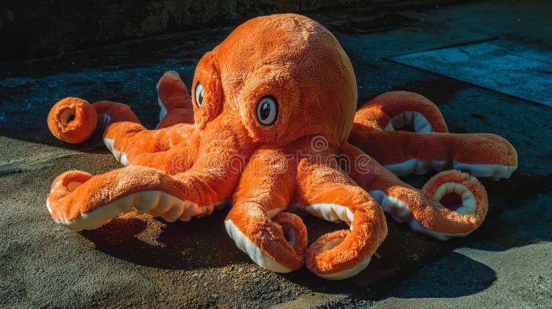 Realistic Plush Octopus with Suction Cups on Dark Concrete Surface ...