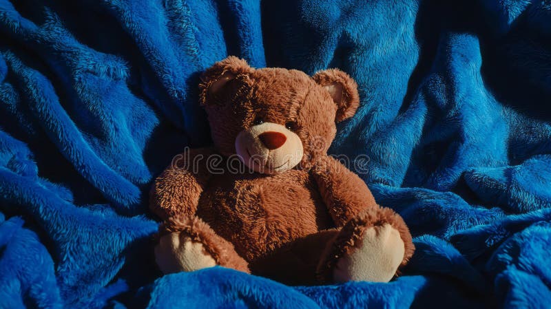 Realistic Plush Teddy Bear on Cozy Blue Blanket for Comfort and ...