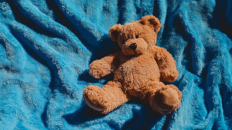 Realistic Plush Teddy Bear Sitting Soft Blue Blanket Stock Photos ...