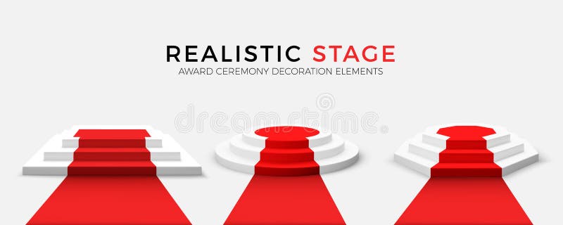 Realistic Podiums with Red Carpet. Round Hexagonal and Square Stages ...