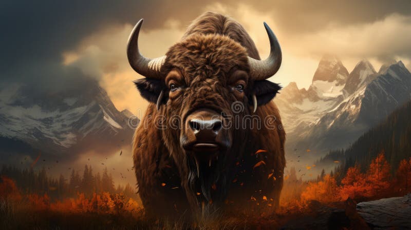 Realistic Portrait of an American Bison in the Wild Stock Illustration ...