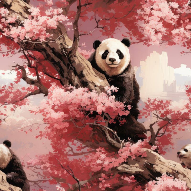 Realistic Portrait of Four Pandas in a Cherry Blossom Tree (tiled Stock ...