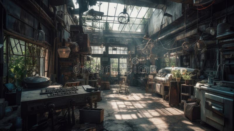 Realistic Post Apocalypse Landscape Illustration - Abandoned Workshop ...