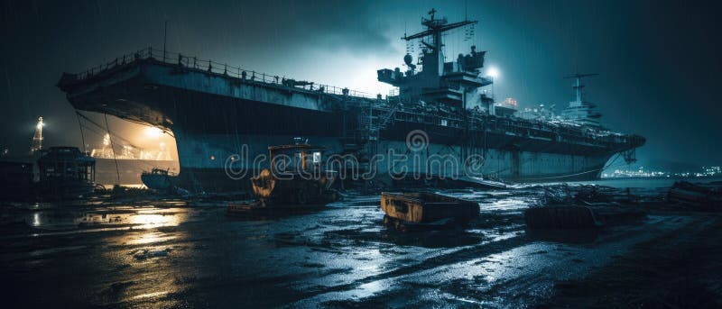 Realistic Post Apocalypse Warship at Night Stock Illustration ...