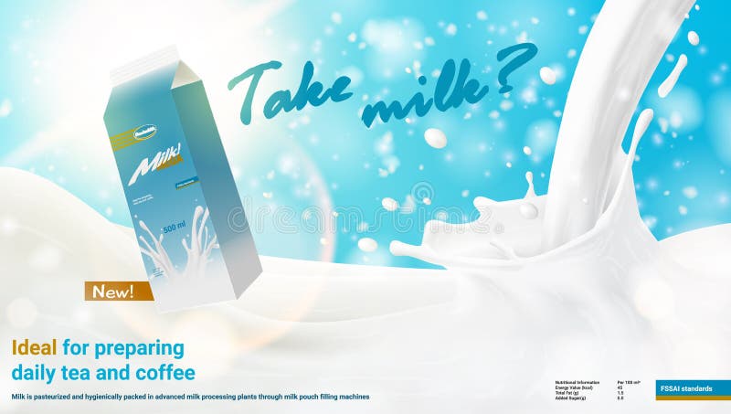 Realistic Pouring Milk Ad with Pack Stock Vector - Illustration of ...