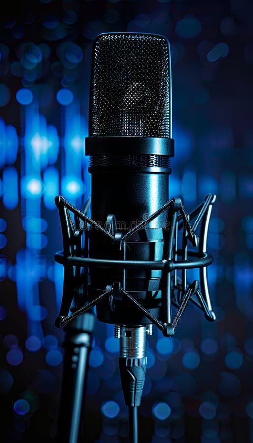 Realistic Professional Microphone on Dark Blue Background with Audio ...