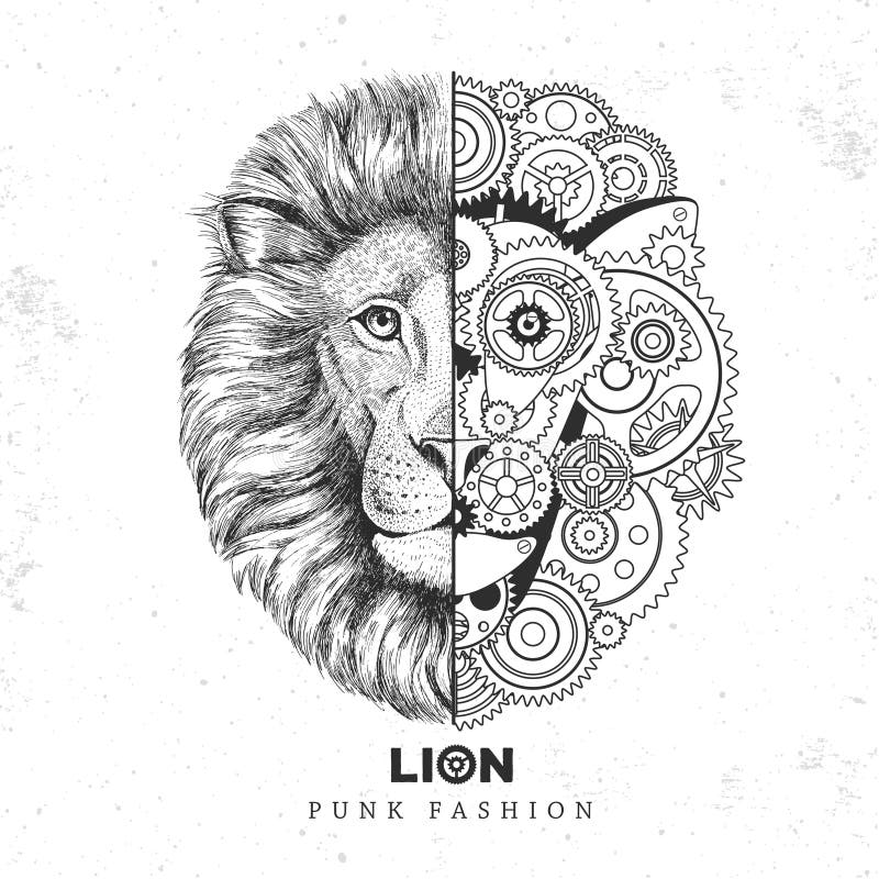 Realistic and Punk Style Lion Face Illustration. Lion Face Silhouette ...