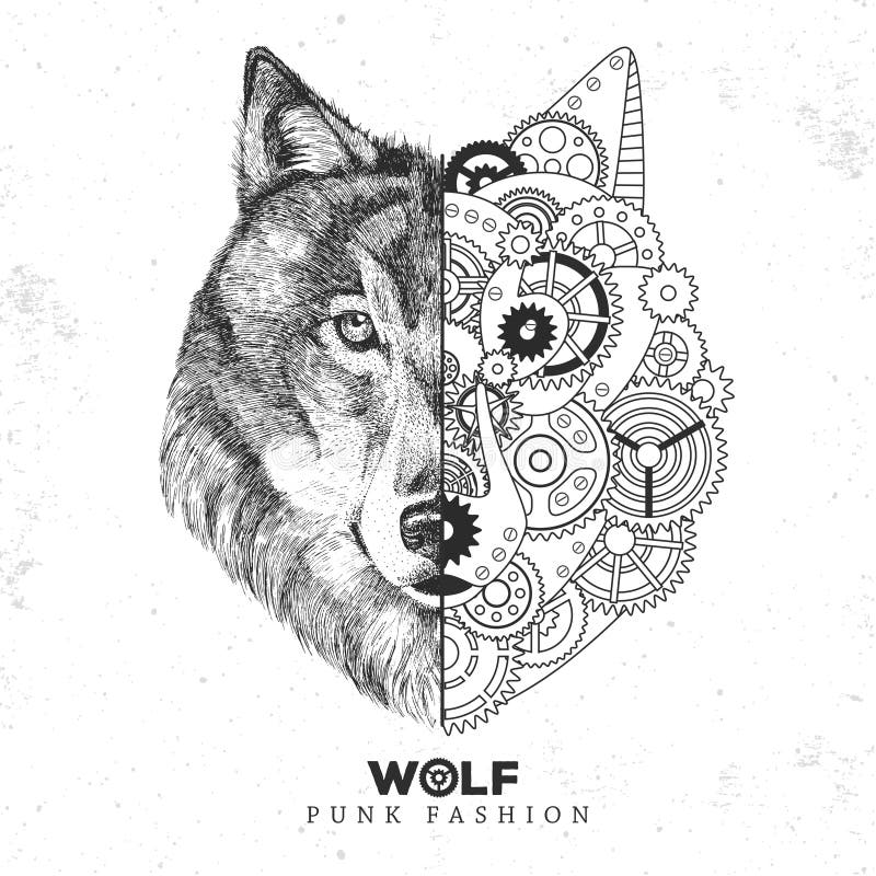 Realistic and Punk Style Wolf Face Illustration. Wolf Face Silhouette ...