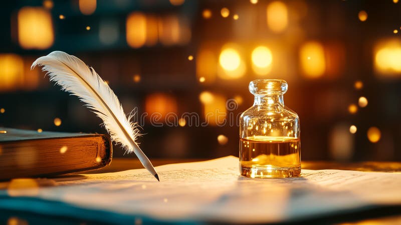A Realistic Quill and Ink Bottle Rest beside an Open Book, Bathed in ...