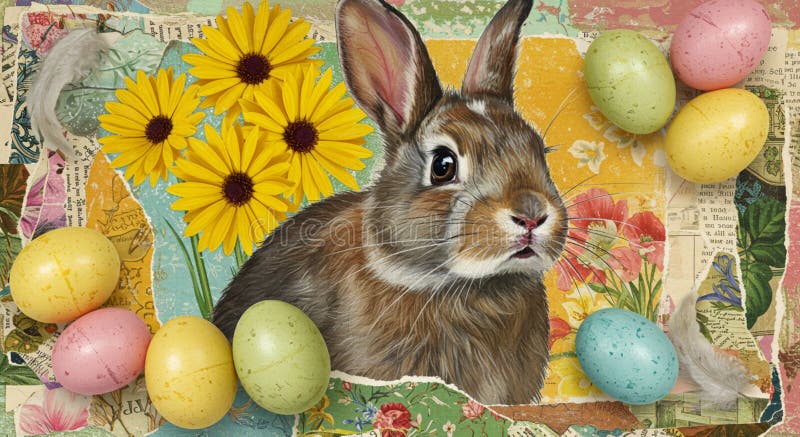 A Realistic Rabbit is Depicted in an Artistic Collage of Mixed Media ...