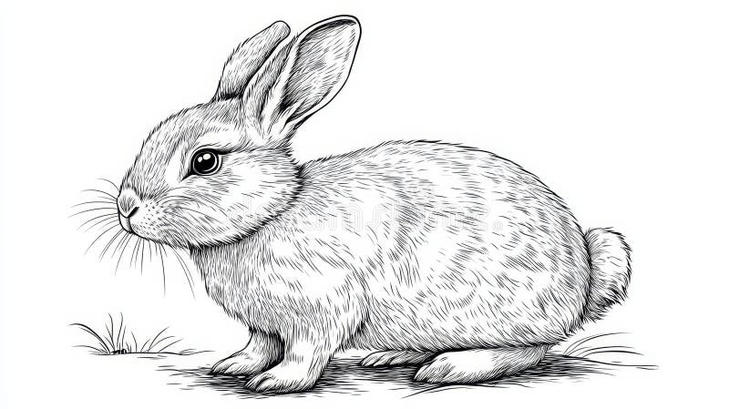 Realistic Rabbit Line Art Illustration, Black and White Vector Drawing ...