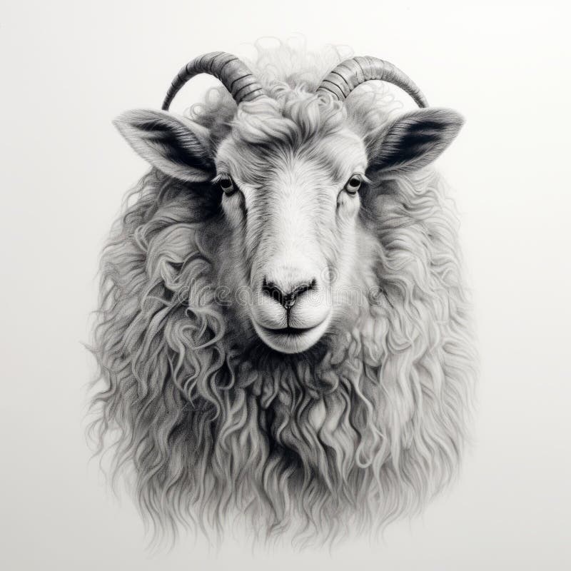 Realistic Ram Artwork on White Surface - Detailed Pencil Illustration ...