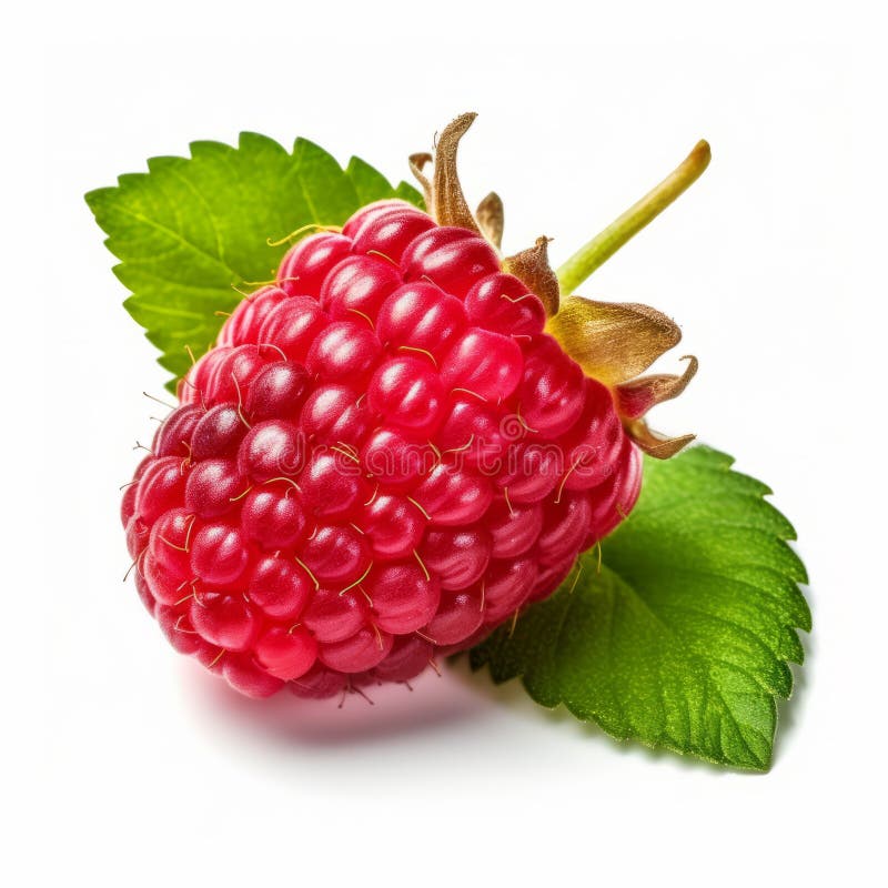 Realistic Raspberry Fruit with Green Leaves on White Background Stock ...