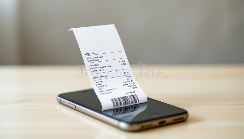 Realistic Receipt Emerging from Mobile Device, Showcasing Transaction ...